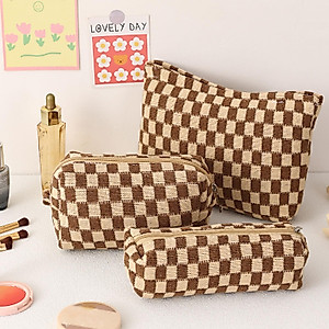Large Capacity Makeup Bag Set - 3 Pieces Checkered Cosmetic Bag for Women Travel Makeup Bag Organizer Cute Makeup Brushes Storage Bag Travel Toiletry Bag Storage Bag for Women,Brown