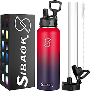 40 oz Water Bottles, Sibaok Stainless Steel Insulated Water Bottle with Straw, Handle & 2 Lids- Double Wall Vacuum Leak Proof Sport Water Bottles, Keep Water Cold and Hot, Thermos Jug Canteen