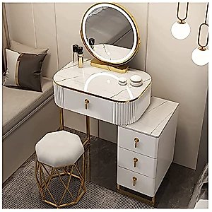 UTMACH Vanity Slate Tabletop Vanity Desk, Vanity Set with Adjustable Cabinet ＆ Makeup Chair, Dressing Table with Lighted Mirror ＆ Drawers Desk Sturdy