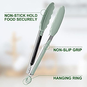 EEKEDO Kitchen Tongs, Stainless Steel Silicone Tongs for Cooking 600ºF High Heat-Resistant BBQ Grilling Locking Tongs, Set of 2-9" and 12" Light Green