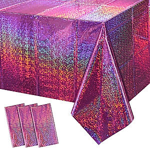 FunnyPars 3 Pack Pink Iridescent Table Cloth for Parties, Pink Plastic Shiny Laser Table Covers, Disposable Holographic Foil Tablecloth Iridescent Party Decorations for Girl Birthday Wedding, 54x108