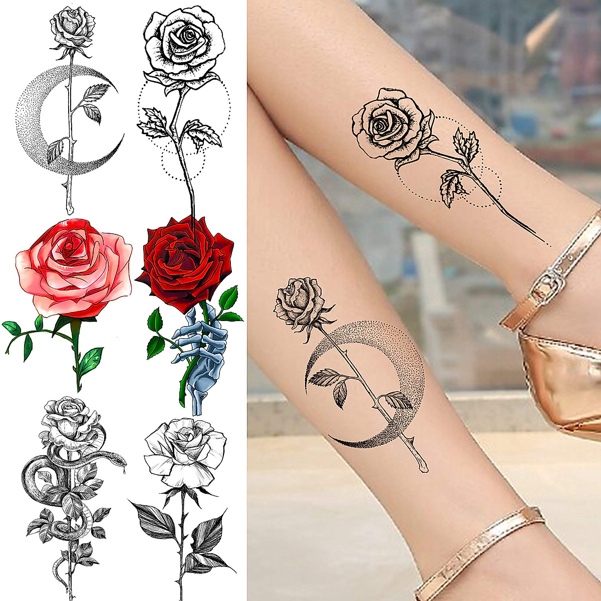 EGMBGM 24 Sheets Black Sketch Rose With Snake Temporary Tattoos For Women, Sexy Red Rose Branch Crescent Moon Tattoo Sticker For Girls, Waterproof Arm Leg Neck Fake Flowers Tattoo Temporary Tatoo Kit