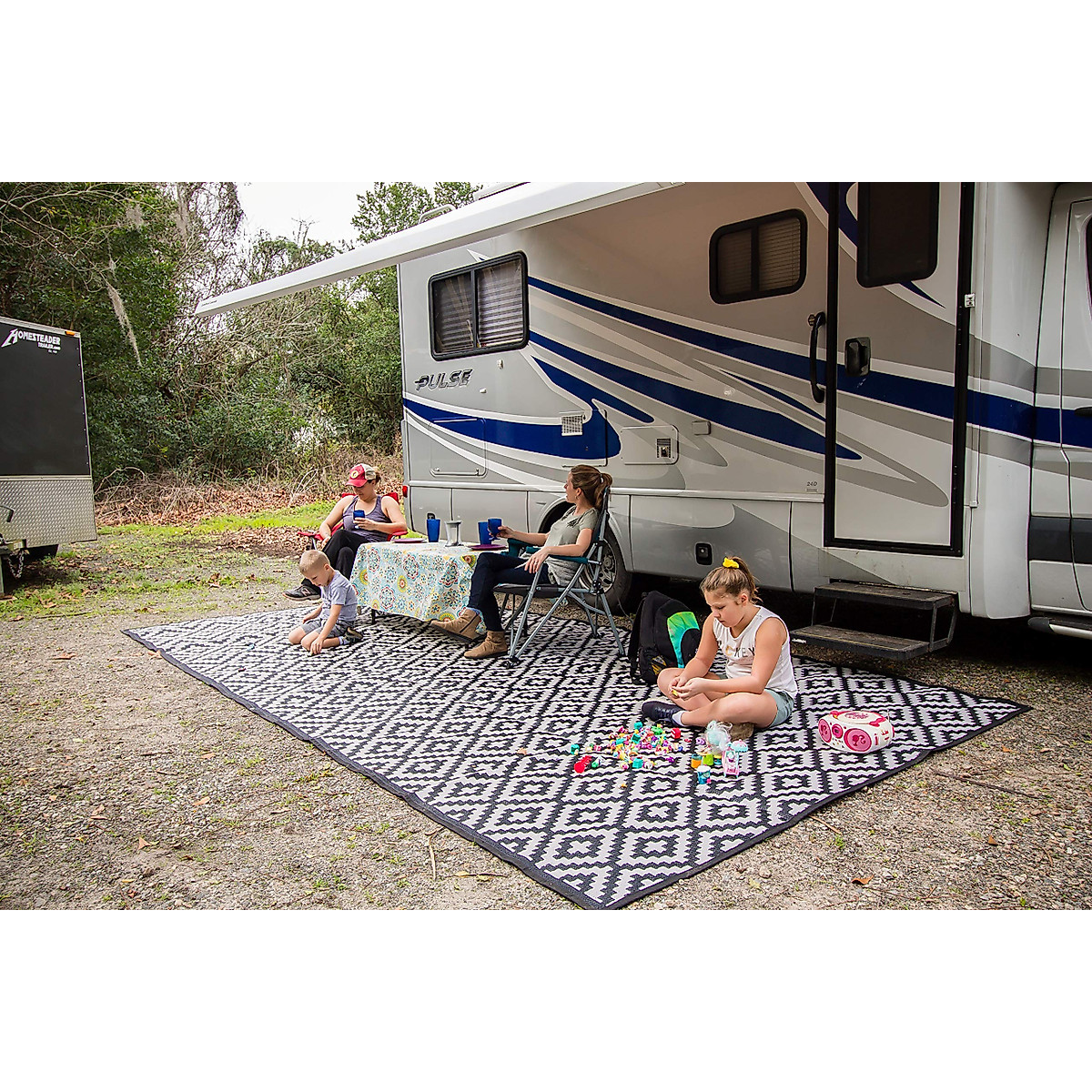 Mountain Mat Premium RV Patio Mat Size 8' x 16' Made from Recycled Plastic for Camping - Thick 5 mm Heavy Duty, Waterproof, Reversible Rugs Recycled Polypropylene (8' x 16', Black)