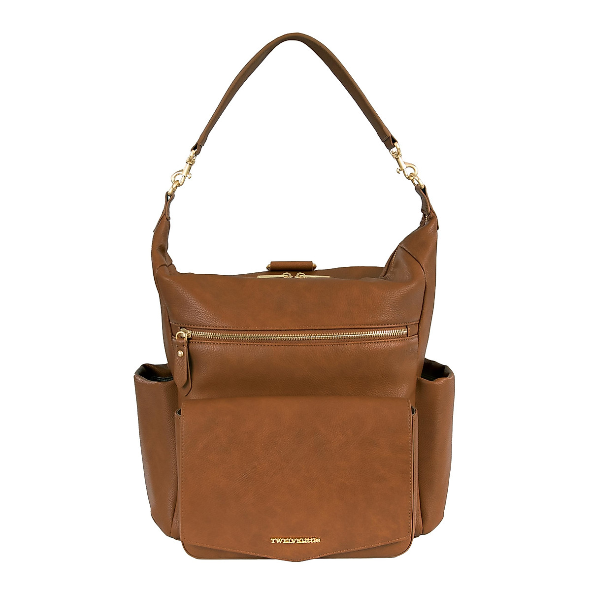 TWELVElittle Peek A Boo Convertible Hobo Diaperbag Backpack with Changing Pad, Wipes Case and Stroller Clips, Vegan Leather- Toffee