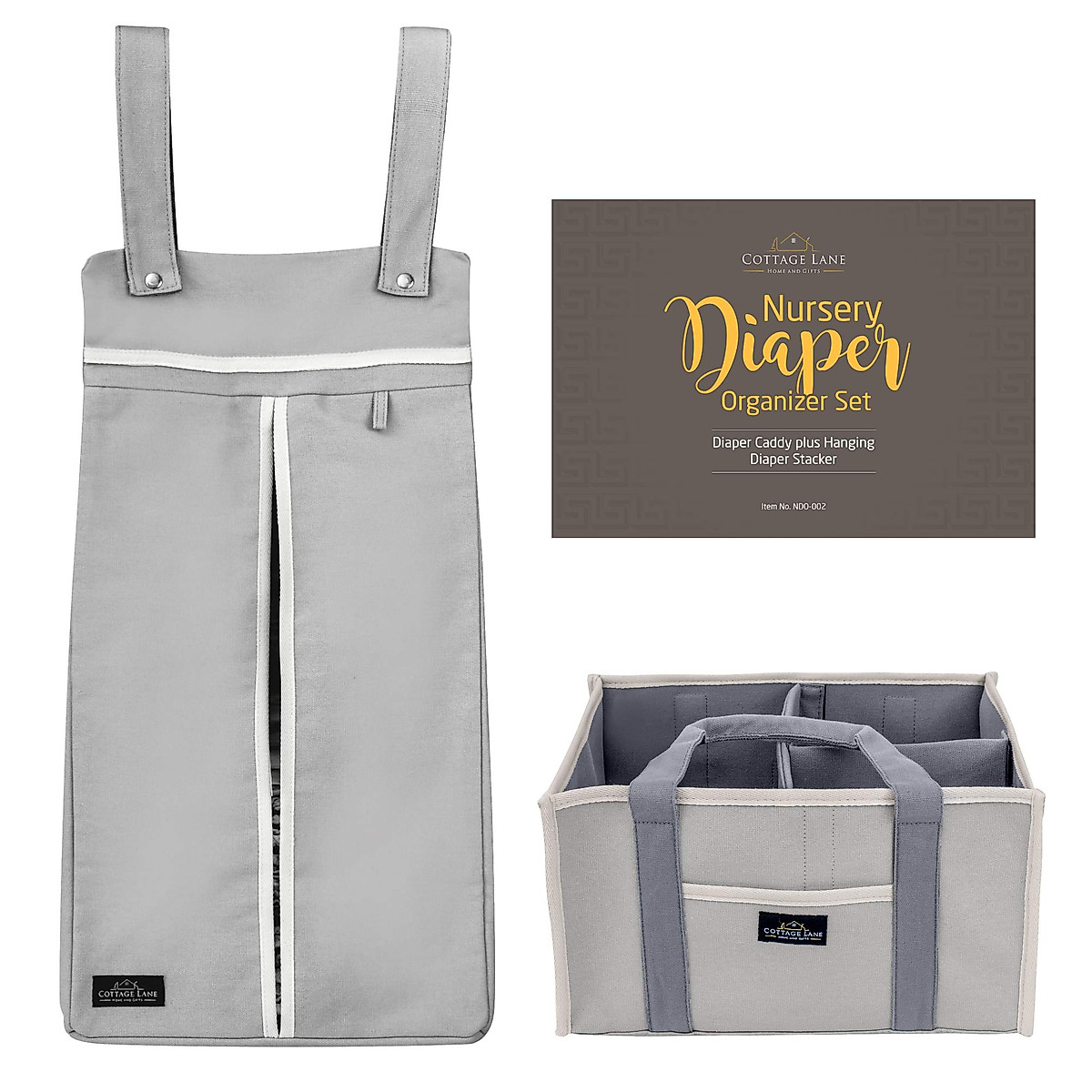 Cottage Lane Hanging Diaper Stacker Plus Caddy, 2 Piece Set, Gray Gender Neutral Cotton Canvas, Stylish Nursery Diaper Organization, Shower Gift