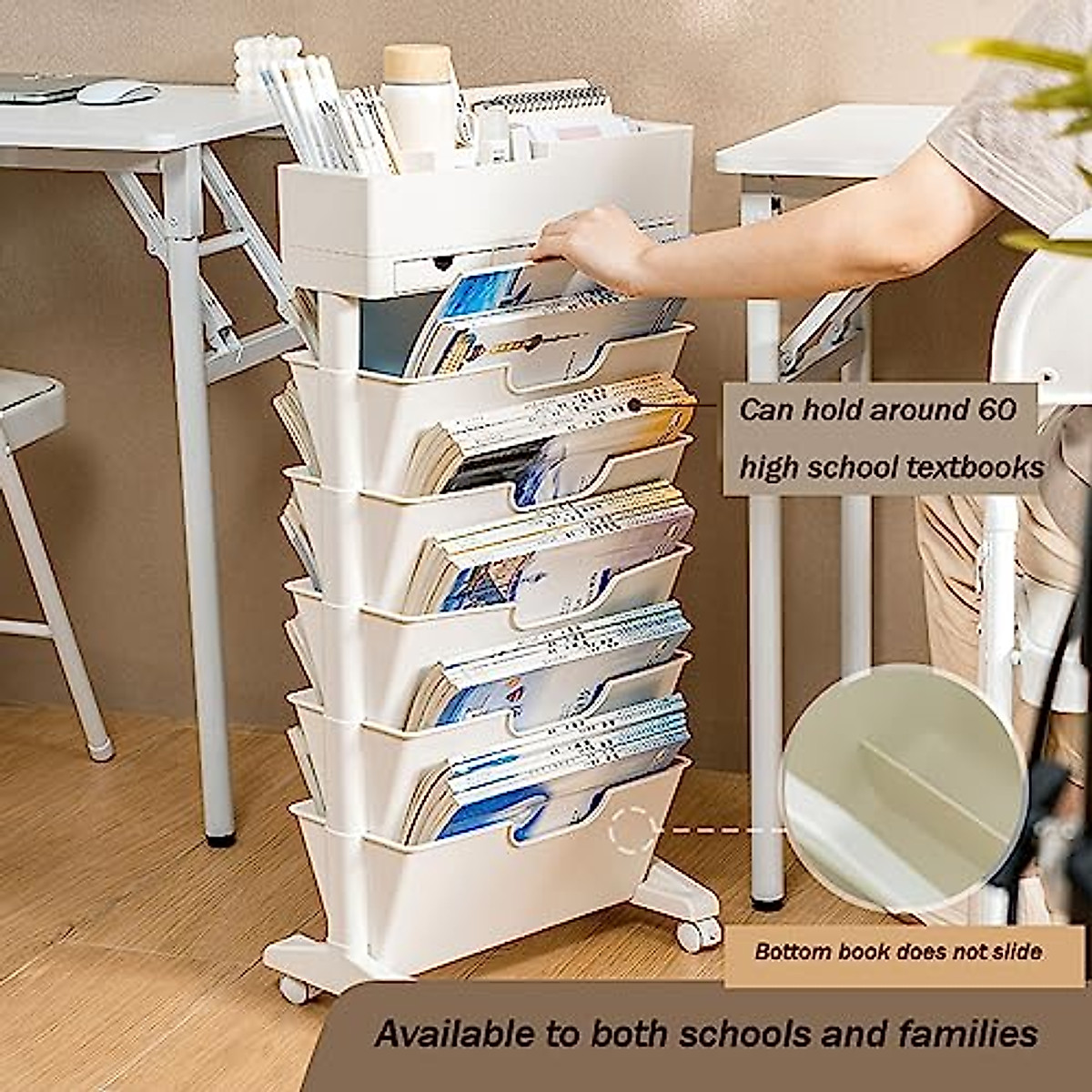 WOCFPLOHTD6 Tier Rolling Cart,Open Bookcase and Bookshelf,mobile bookshelf with wheels 3 Drawer,Storage Shelving Display Shelves,Narrow Rolling Storage Cart for Living Room, Bedroom, Kitchen