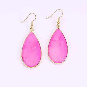 BaubleStar Natural Crystal Healing Birth Stone Statement Drop Earrings Hot Pink Teardrop Quartz Dangle Gold Fashion Jewelry for Women
