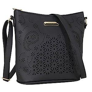 Hibala Womens Hollow Out Crossbody Handbag Hobo bag PU Bucket Bag Shoulder Bag (Black)