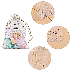 FUSHENMU 100pcs 4x6 Inch White Organza Jewelry Gift Bag,Moon Star Drawstring Candy Bag Pouch for Wedding Baby Shower Party Gift Wrapping Supply