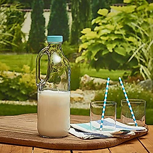2 Pc 47oz Clear Glass Milk Bottles Glass Pitcher with Handle and Lids - Airtight milk Container for Refrigerator Jug Water Juice Heavy Milk Bottle Liquid Containers for Kitchen