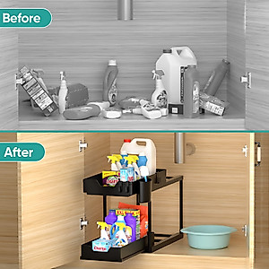 Jincancan Under Sink Organizer - Double Sliding Under Sink Organizers and Storage - 2 Tier Under Cabinet Organizer with 4 Hooks, Hanging Cup, Under Sink Storage for Kitchen
