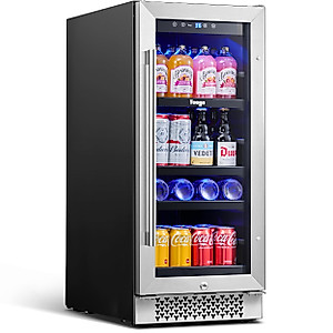 Yeego 15inch Beverage Refrigerator and Beer Fridge Under Counter Built-in or Freestanding,80 Cans Beverage Cooler with Glass Door and Lock for Bottles and Cans Beer/Soda/Water, YEG-BS15