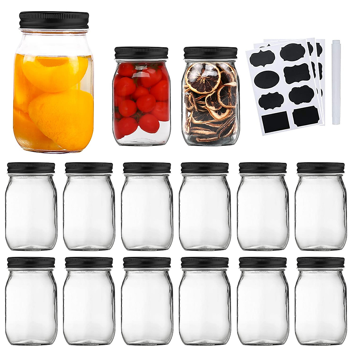 Encheng 16 oz Glass Jars With Black Lids,Wide Mouth Ball Mason Jars For Storage,Canning Jars For Pickles,Herb,Jelly,Jams,Honey,Dishware Safe,Set Of 15