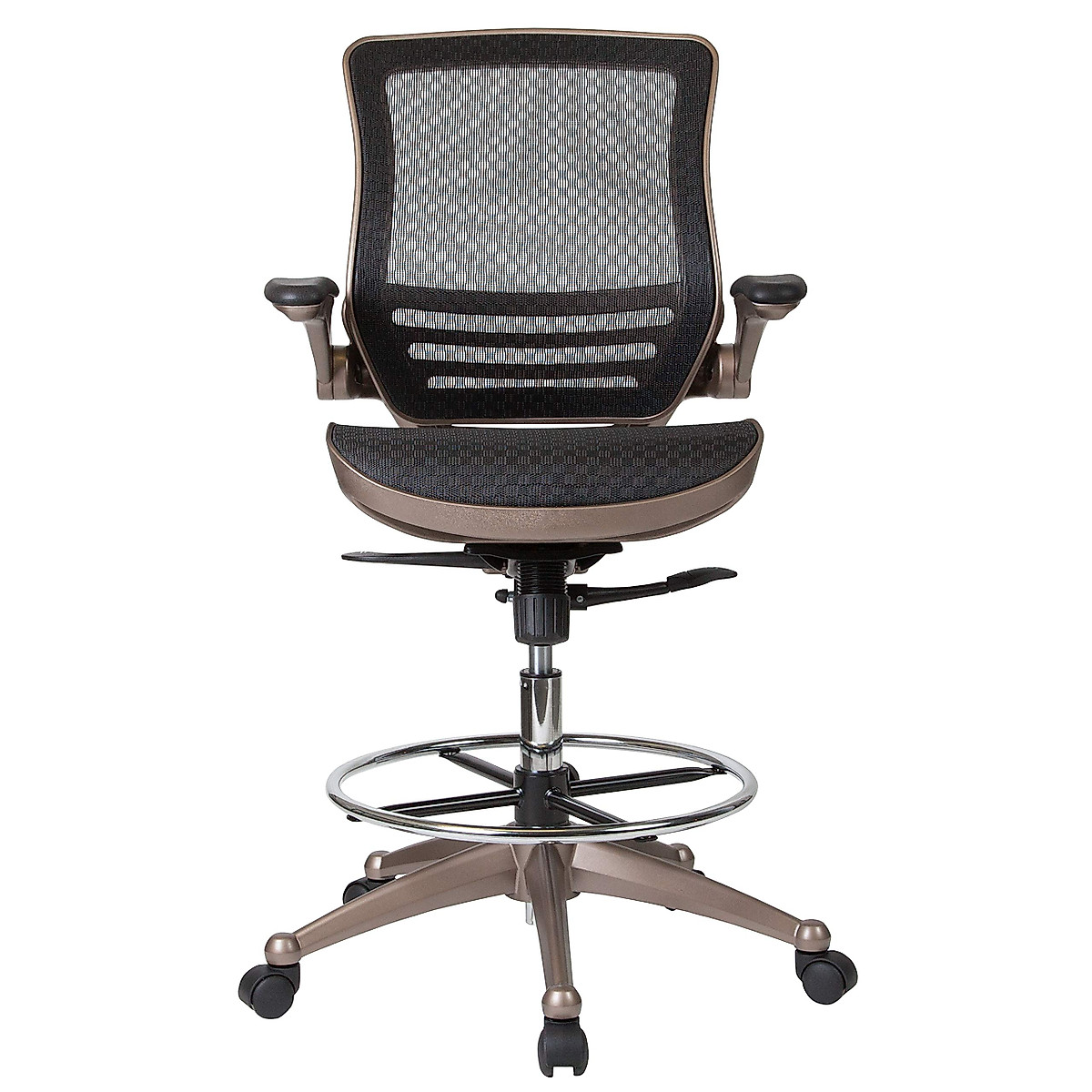 Flash Furniture Mid-Back Transparent Black Mesh Drafting Chair with Melrose Gold Frame and Flip-Up Arms