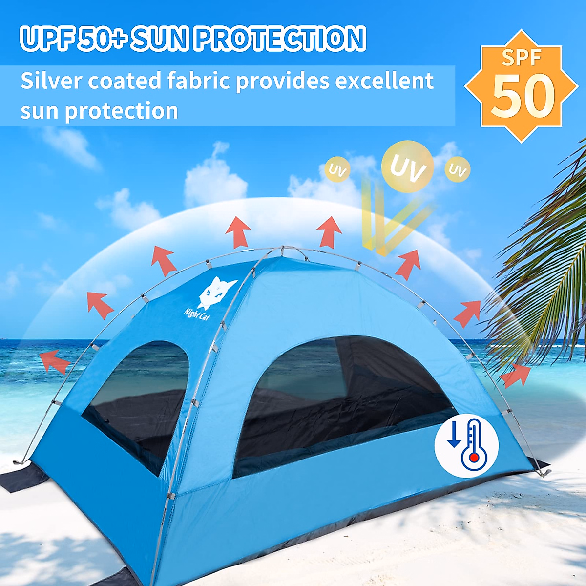Night Cat Beach Tent Portable Camping Sun Shade Shelter for 2-4 Persons with UV Protection 3 Breathable Mesh Windows Extended Tent Floor Easy Set Up Outdoor