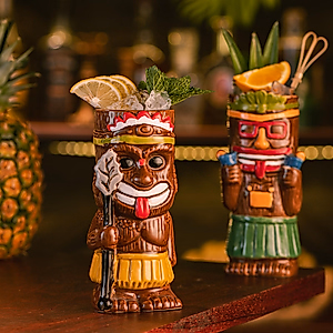 SUN GKOTTA Cocktail Tiki Mugs Set Of 4 - Exotic Mug With 4 Coasters And 4 Straws，Cute Ceramic Hawaiian Style Cocktail Glasses For Party And Tropical Tiki Bar，Mai Tai Cocktail Drinkware (Glossy)