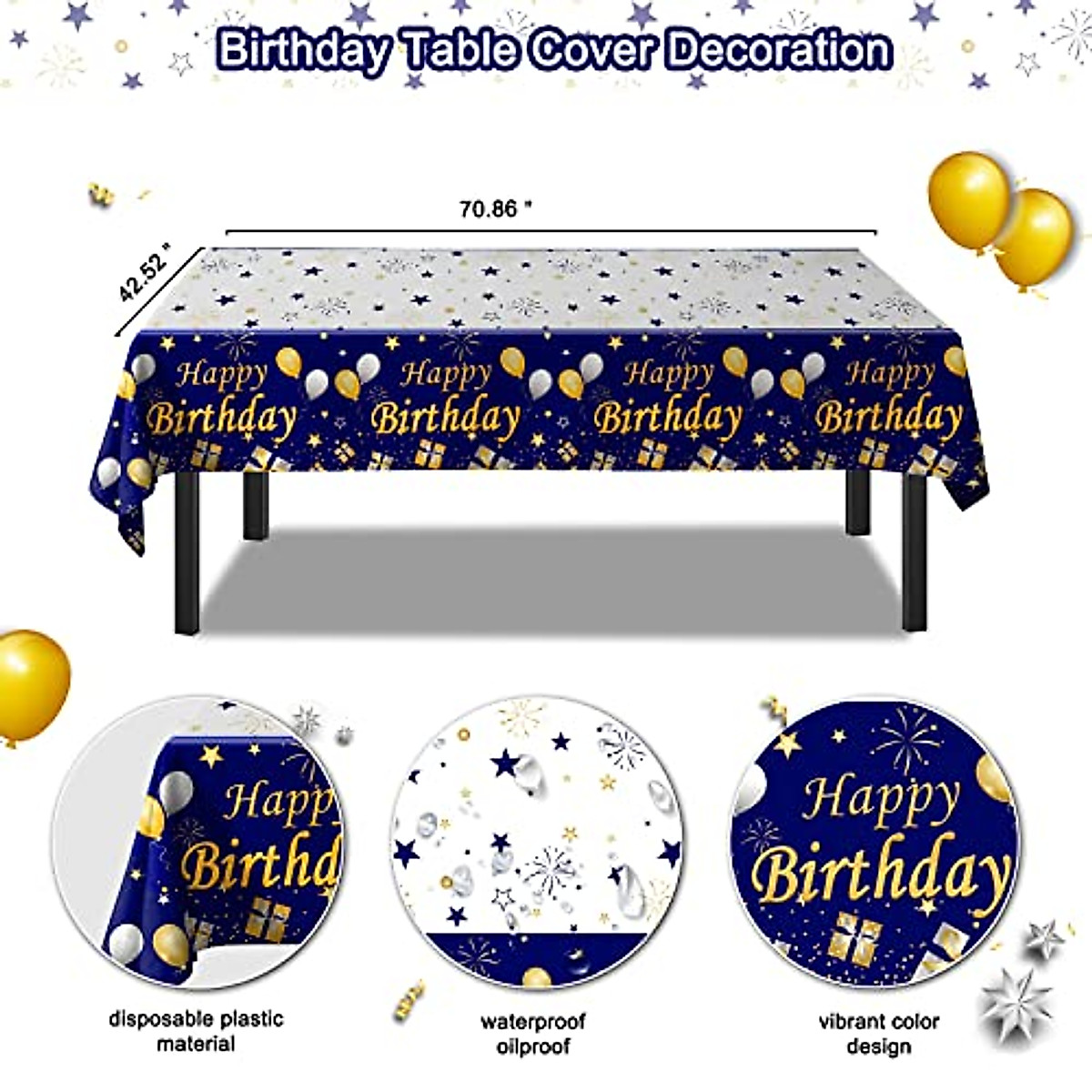 Navy Blue Gold Birthday Party Decorations for Men Women,Happy Birthday Banner Decorations Party Supplies Backdrop Confetti Balloons Tablecloth Foil Fringe Curtains Hanging Swirls Decors for Boys Girls