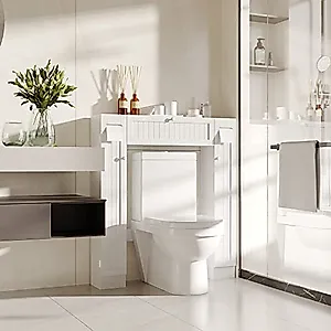 ITUSUT Over The Toilet Storage Cabinet, Freestanding Toilet Cabinet Organizer with 2 Side Doors and Pull-Down Door, Bathroom Cabinet Over Toilet with Adjustable Shelves & Paper Holder, White