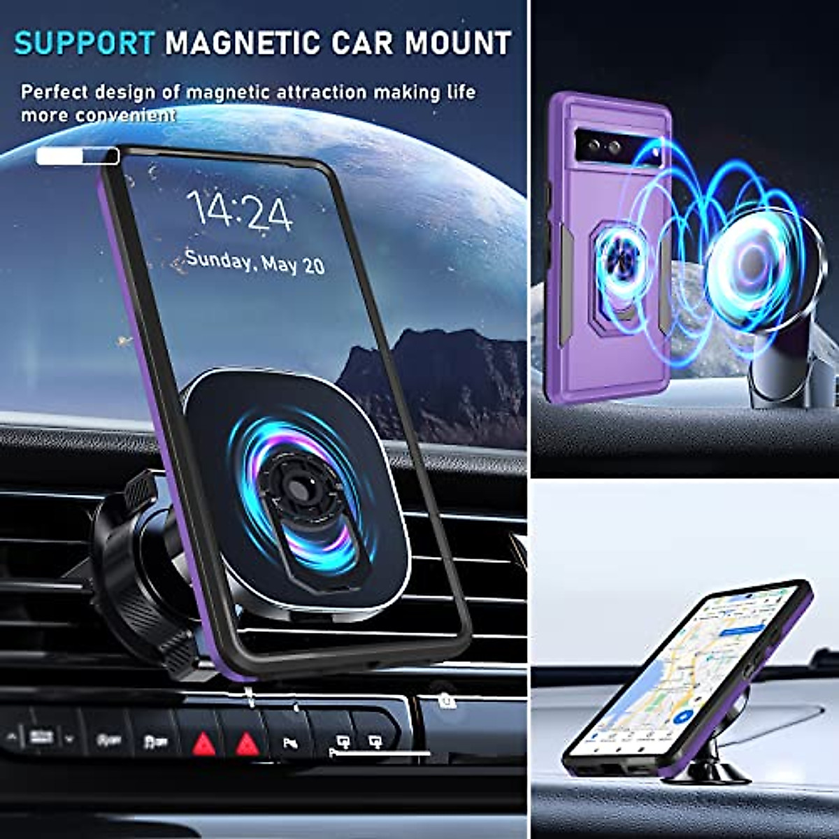 Google Pixel 7 Case with Screen Protector + Camera Lens Protector,Heavy Duty Shockproof Full Body Protective Phone Cover,Built in Rotatable Magnetic Ring Holder Kickstand,2022 Lavender