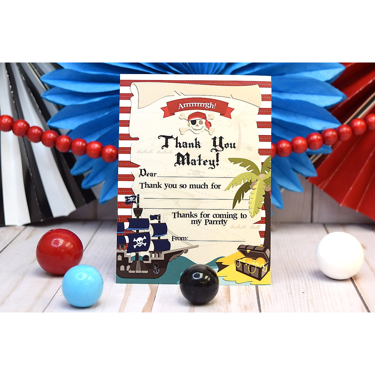 Pirate Treasure Map Birthday Thank You Notes, Ten 4" x 5.5" Fill In The Blank Cards with 10 White Envelopes by AmandaCreation