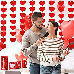 Queekay 12 Pcs Red Wooden Love Blocks Valentines Day Table Decoration Love Signs Set with Heart Banner Felt Red Heart Shape Hanging String Garland Party Decor for Wedding Anniversary Home Supplies