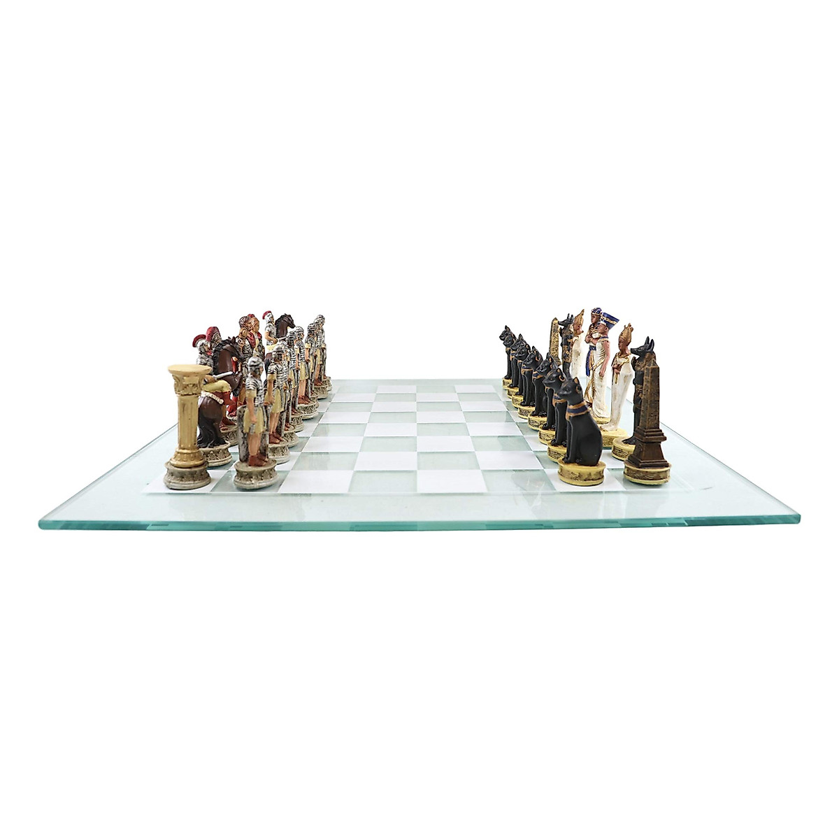 Ebros Gift Historical Themed Chess Set Egyptian Ptolemaic Pharaoh Army VS Augustus Caesar Roman Empire Centurions Resin Sculpted Chess Pieces with Checker Frosted Glass Board Gaming Set