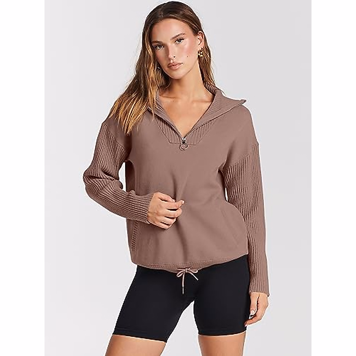 ANRABESS Quarter Zip Sweaters for Women Long Sleeve Casual Collared V Neck Knit Zipper Loose Fit Solid Pullover Jumper 2023 Fall Winter Fashion Clothes with Pockets 780doukou-S