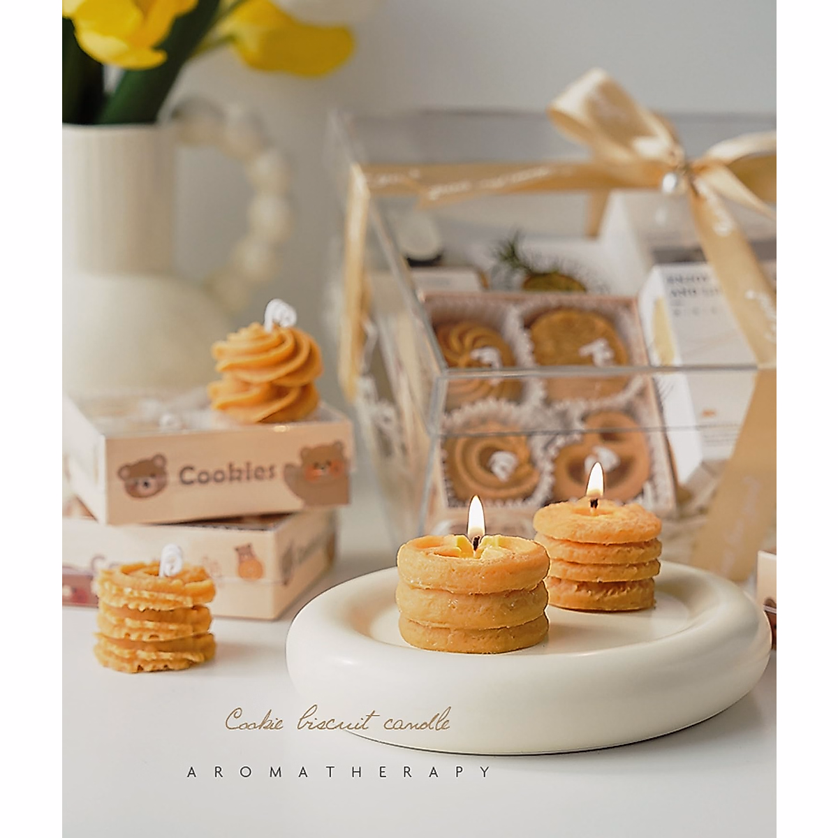 Cookies Shaped Scented Candle,4PACK 120G Biscuit Aroma Soy Wax Decorative Candle for Table Photo Prop Birthday,Prefect Gift for Meditation Stress Relief Mood Boosting Bath Yoga