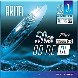 5 Pack Arita BD-RE DL Rewritable 50GB Double Layers 2X 260Min White Inkjet Hub Printable Blank Disc w/Jewel Case