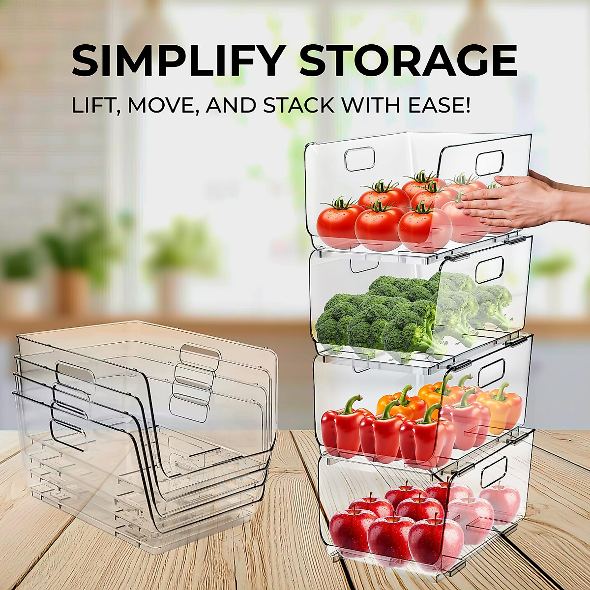 TidyFriend Plastic Stackable Bins for Pantry, 4 Pack Stacking Bins Open Front, Toy Organizers, Kitchen, and Bathroom Essentials (Clear- Hole Handle)