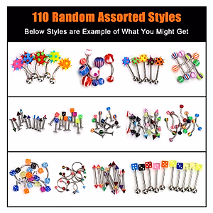 CrazyPiercing Lot of 110PCS Body Jewelry Piercing Eyebrow Navel Belly Tongue Lip Bar Ring