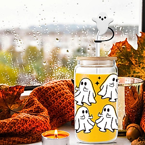 Halloween Ghost Glass Cups With Lid & Straw - 16 oz Spooky Halloween Iced Coffee Tumbler, Cute Halloween Gifts for Women, Teens Girls, Boo Basket Stuffers Items, Include 2 Silicone Straw Covers