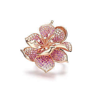 Santuzza 925 Sterling Silver Flower Ring Pink Sapphire Cubic Zirconia Blossom Hibiscus Ring for Women (7)