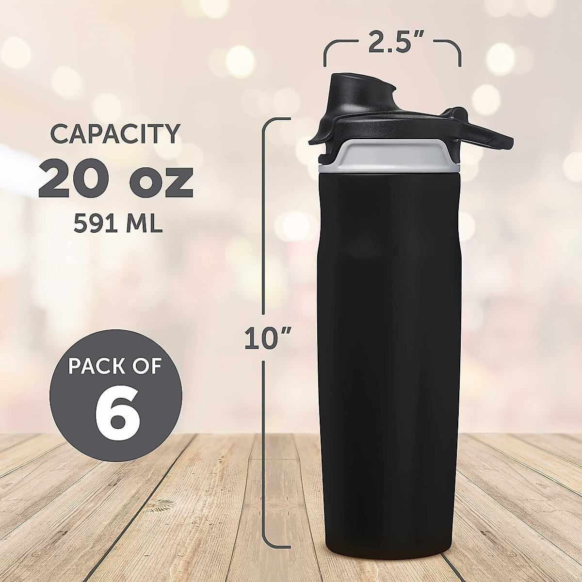 DISCOUNT PROMOS Juno Water Bottles with Flip Lid 20 oz. Set of 6, Bulk Pack - Reusable, Great for Gym, Hiking, Cycling and for School - Black