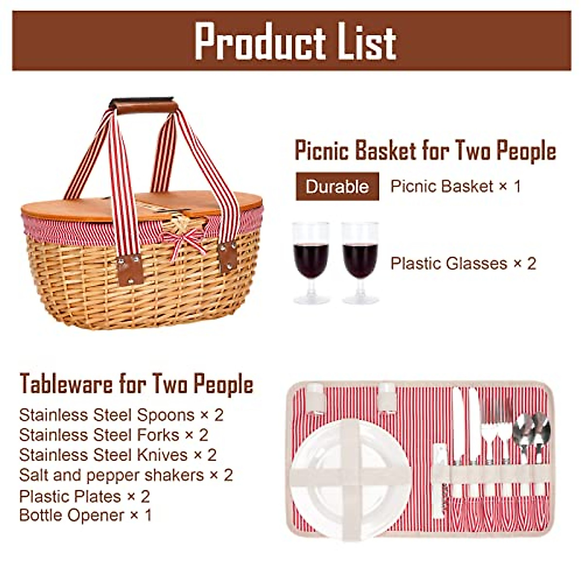Wicker Picnic Basket Set for 2 with Double Wooden Lids & Handles, Country Style Picnic Hamper with Cutlery Service Kits - Flatware Set, Willow Storage Basket W/Lining for Camping (Red Stripe)