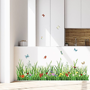 wondever Green Grass Wall Corner Stickers Flowers Butterflies Baseboard Skirting Line Wall Decals for Bedroom Living Room (W:52 inches)