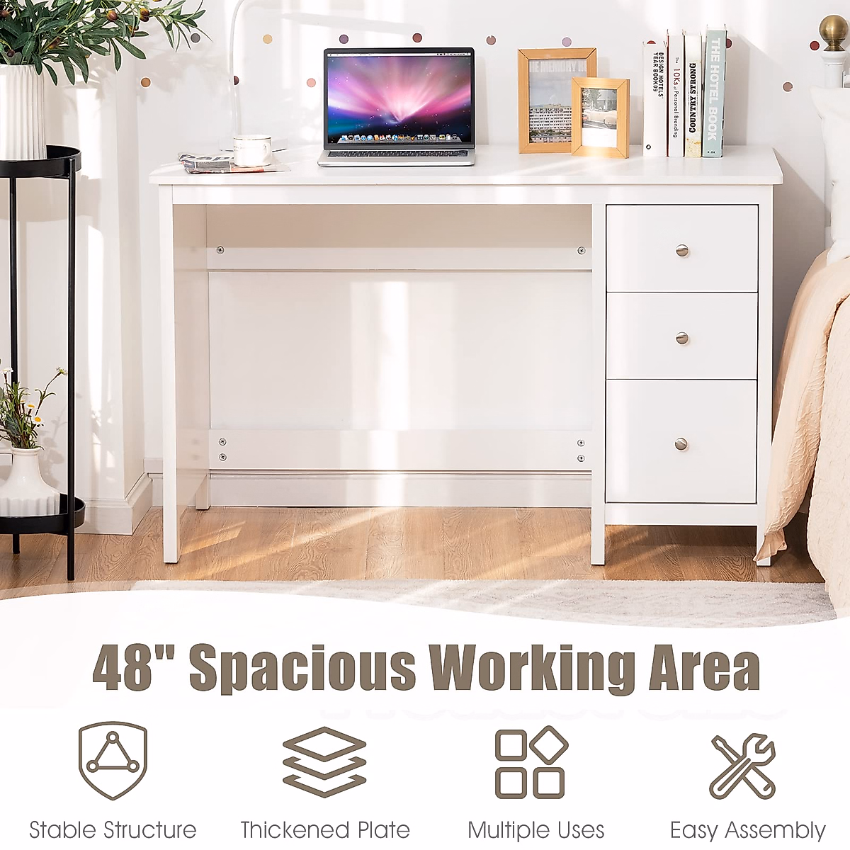 Tangkula White Desk with Drawers, Modern Home Office Computer Desk with Storage Drawers & Spacious Desktop, Compact Writing Study Desk Laptop Desk for Bedroom, Multipurpose Workstation