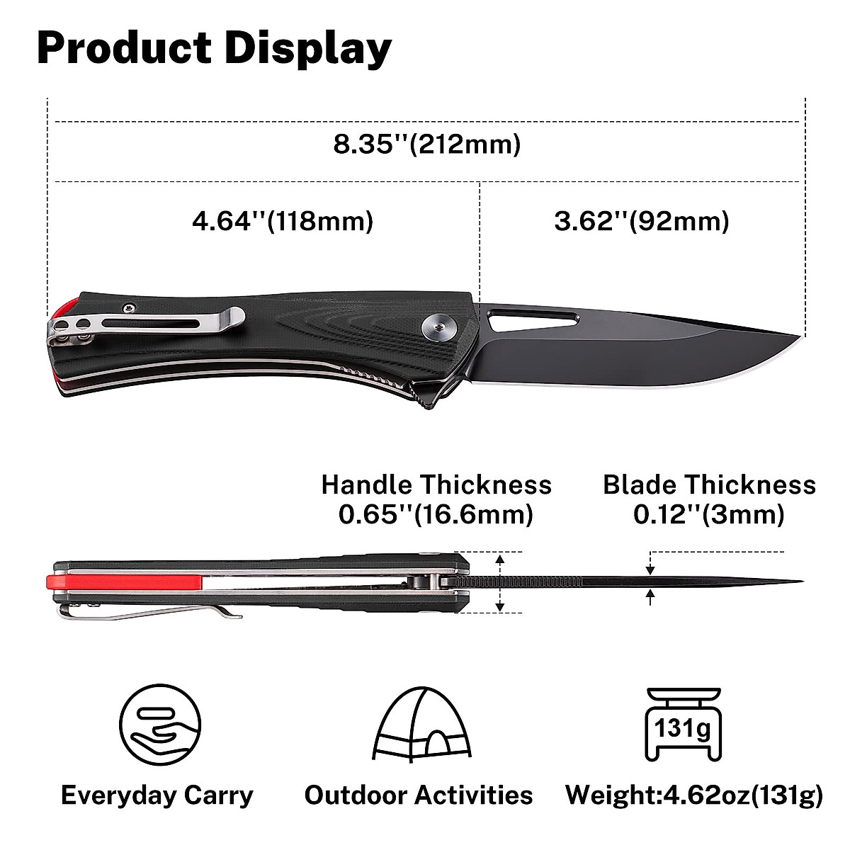 KEXMO Pocket Knife for Men - 3.62" Sharp D2 Blade G10 Handle Folding Pocket Knife with Clip - EDC Knife for Tactical Survival Camping Hunting Hiking Gift for Men Dad Husband Women, Black