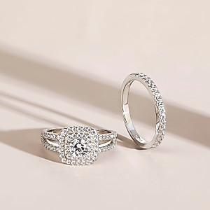 JALOKIVI 0.5CT 925 Sterling Silver Bridal Rings Sets for Women Cushion Cut Halo Cubic Zirconia Engagement Ring Wedding Band Size 8