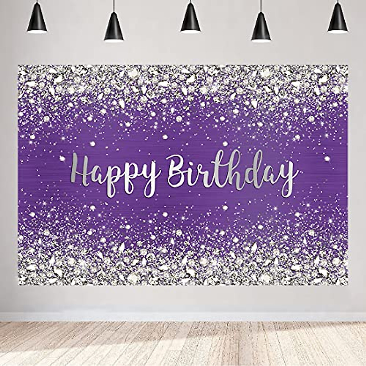 Aperturee 5x3ft Glitter Purple Diamonds Happy Birthday Backdrop Shinning Silver Bokeh Dots Women Girls Photography Background Sweet 16 Party Decorations Cake Table Banner Supplies Photo Booth Studio