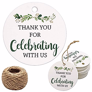 Thank You for Celebrating with Us Tags, 100Pcs Greenery Thank You Tags for Wedding Birthday Baby Shower Party Favors, Paper Gift Tags with 100 Feet Jute String