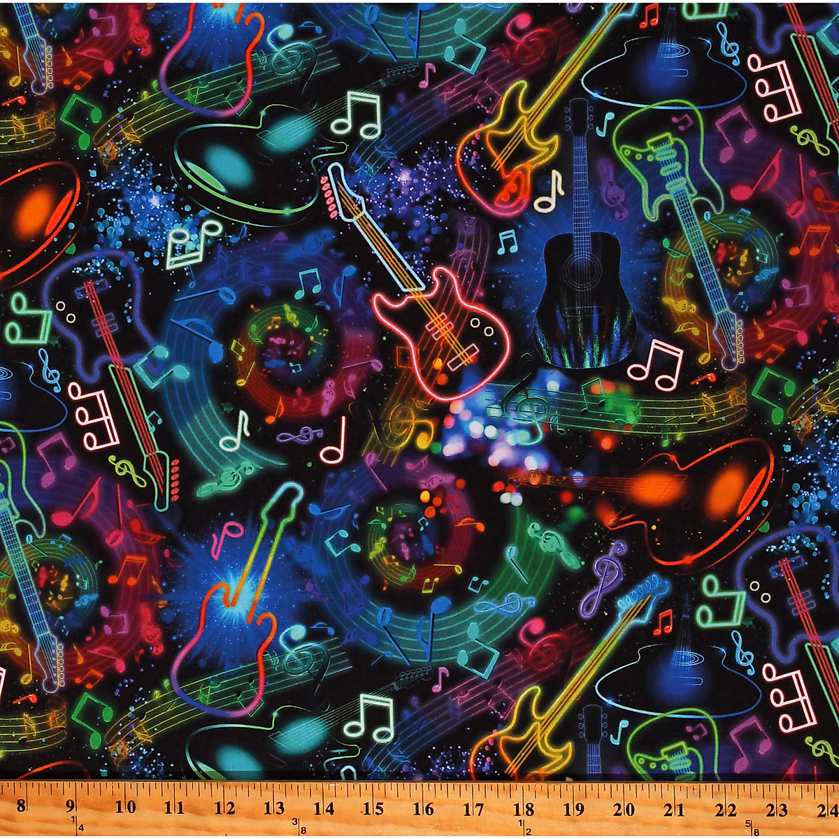 TIMELESS TREASURES Cotton Neon Music Notes & Guitars Musical Instruments Black Cotton Fabric Print by The Yard (MUSIC-CD2978-BLACK)