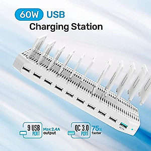 Unitek Charging Station for Multiple Devices, USB Charging Dock with Adjustable Dividers, QC 3.0 and SmartIC, iPhone, iPad, Tablet Organizer Stand-(UL Certified)