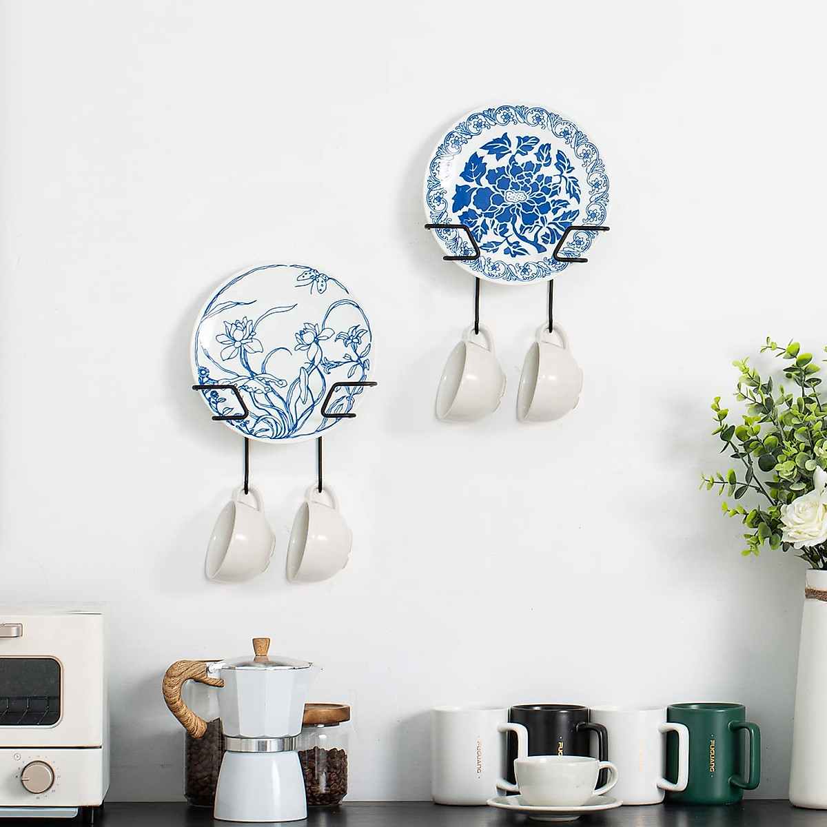 MyGift Wall Mounted Matte Black Metal Plate Display Rack with Hanging Hooks for Teacups and Mugs, Decorative Plate Holder Stand with Cup Hooks, Set of 2