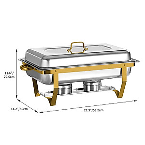 EVGTTI Gold Chafing Dish Buffet Set, Stainless Steel Rectangular Full Size 8 QT Chafers and Buffet Warmer Sets for Catering, Foldable Complete Set with Pan, Lid, Fuel Holder for Event Party (5 Pack)