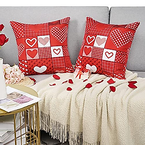 Valentine's Day Pillow Covers 18 x 18 Inch, Set of 2 Red Waterproof Throw Pillow Covers Outdoor, Love Heart Plaid Decorative Cushion Pillow Cases for Anniversary Couch Patio Furniture Bench Bed Sofa
