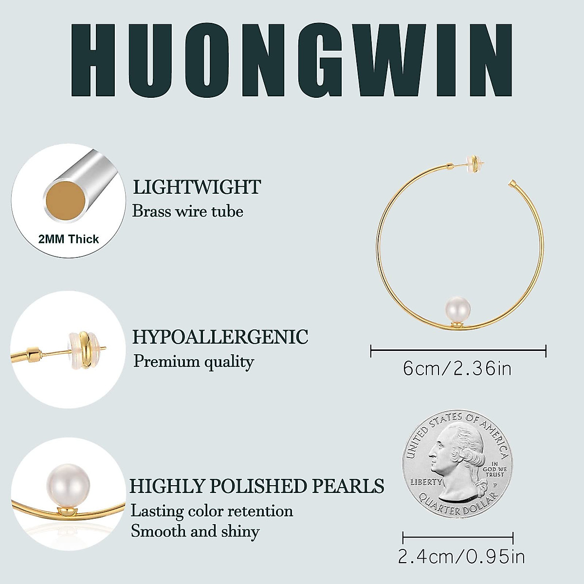 HUONGWIN Large Silver Pearl and 14k Gold Plated Hoop Earrings for Women
