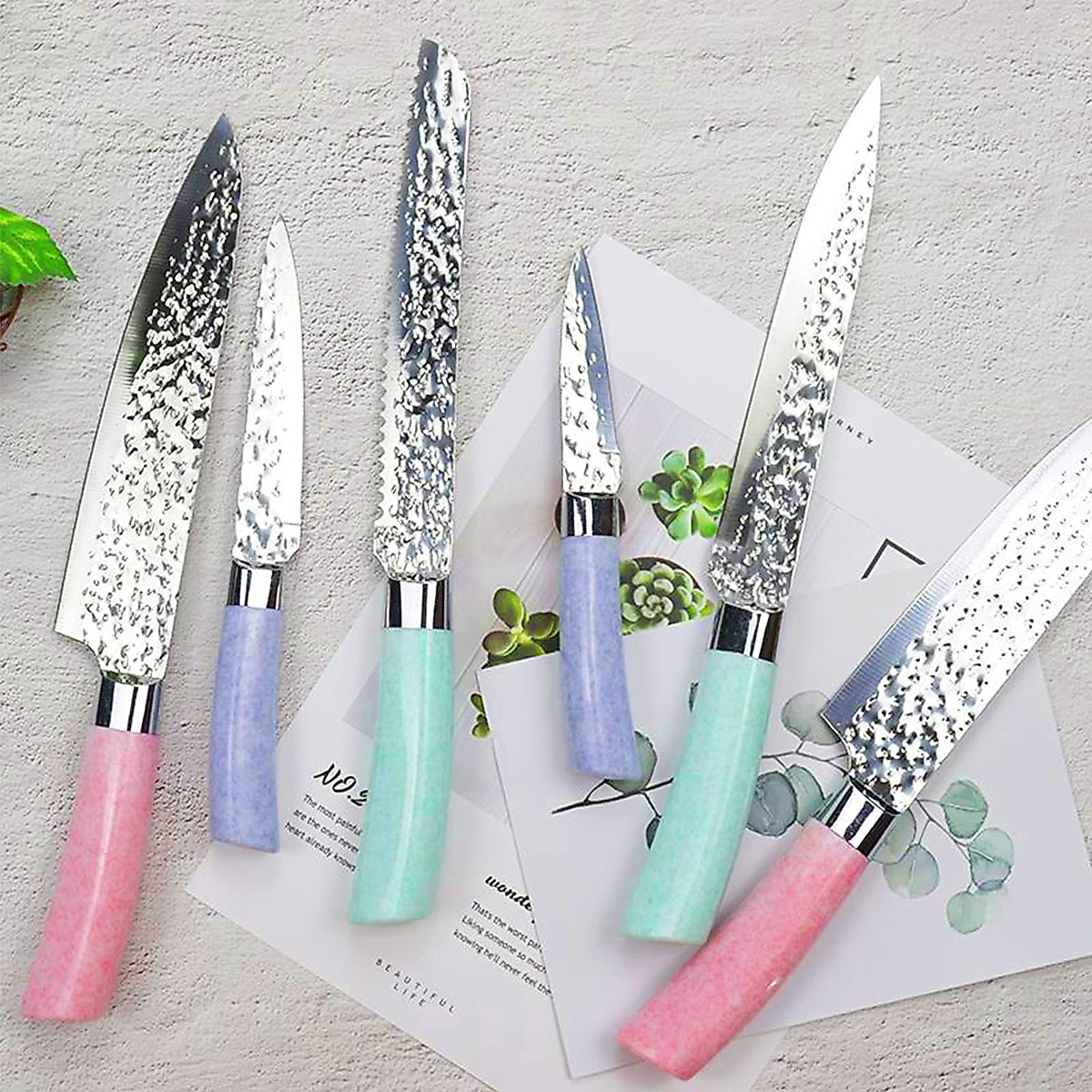 Kitchen Knives Set, High Carbon Stainless Steel Knife Set 7PCS, Super Sharp Cutlery Knife Set with Clear Acrylic Stand, Knife Block Set (Pink)