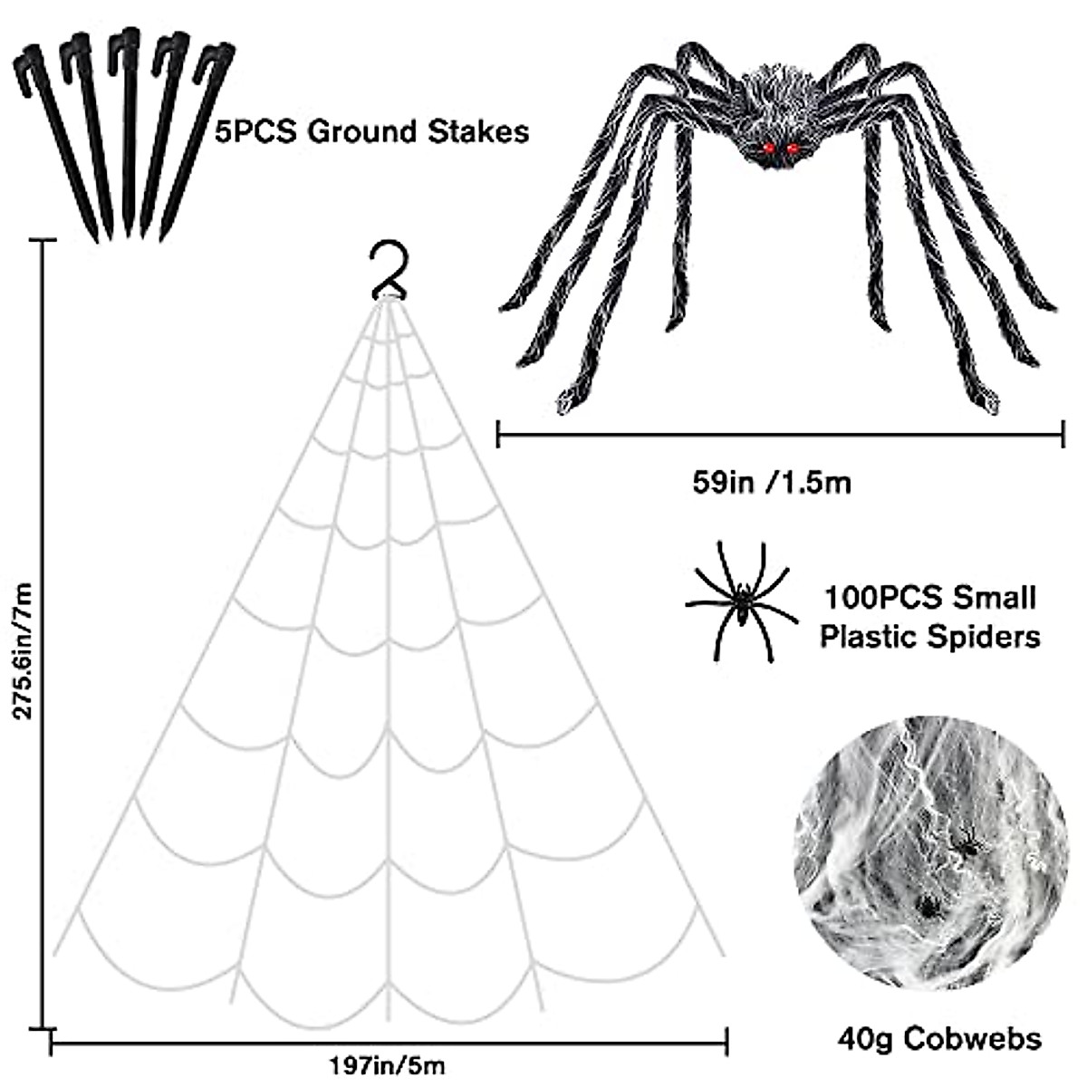 YUJUN Halloween Giant Spider Decorations 59'', Halloween Web Decor Scary Giant Spider with 100PCS Small Fake Plastic Spiders 275'' Giant Spider Webs for Halloween Outdoor and Indoor Decoration