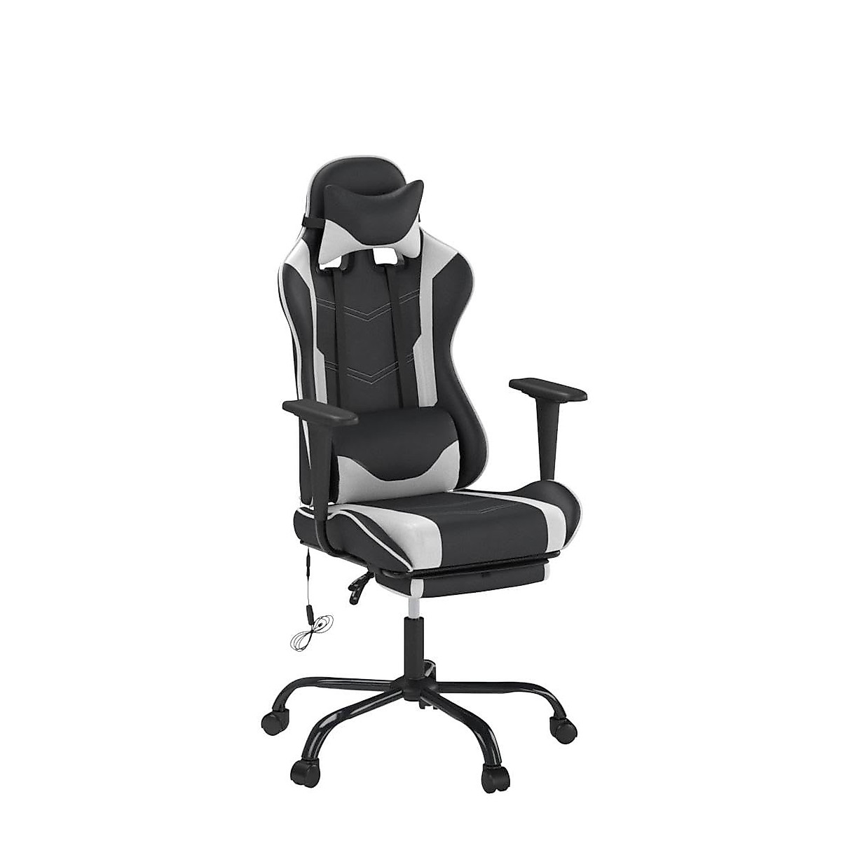 Vnewone Computer Gaming Chair Office PC Ergonomic Home Executive Desk Racing Rolling Swivel Task Adjustable High-Back PU Leather with Lumbar Support Footrest Headrest Armrest Massager, White